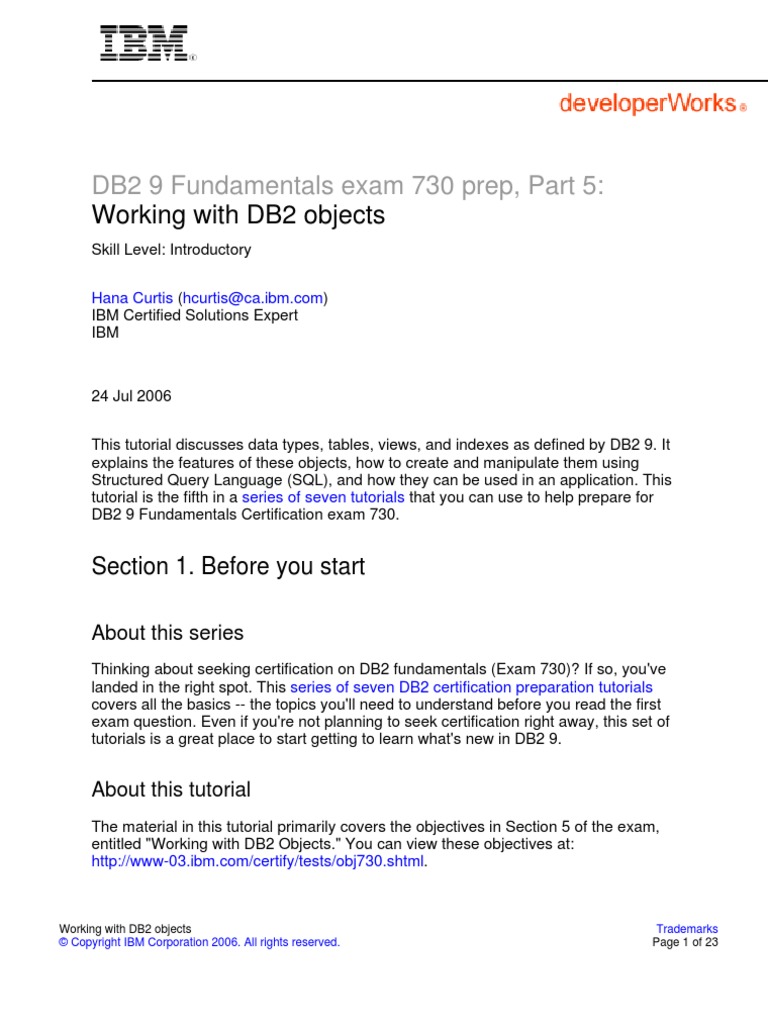 DB2 9 Fundamentals Exam 730 Prep, Part 5:: Working With DB2 Objects | PDF | Database Index ...