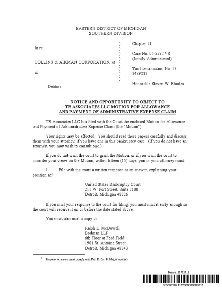 Notice and Opportunity To Object To TR Associates LLC Motion For ...