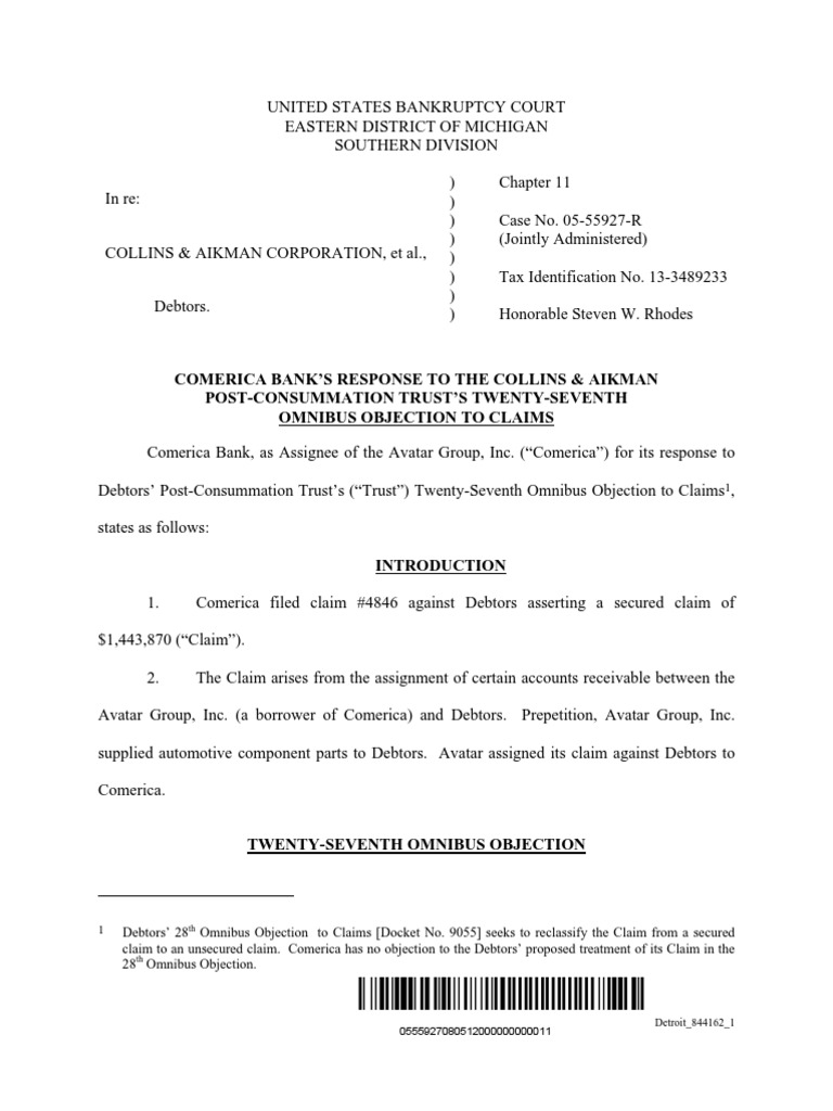 Comerica Bank'S Response To The Collins & Aikman Post-Consummation ...