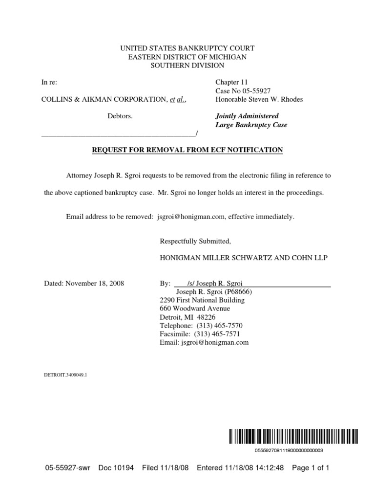 Request For Removal From Ecf Notification: Jointly Administered Large ...