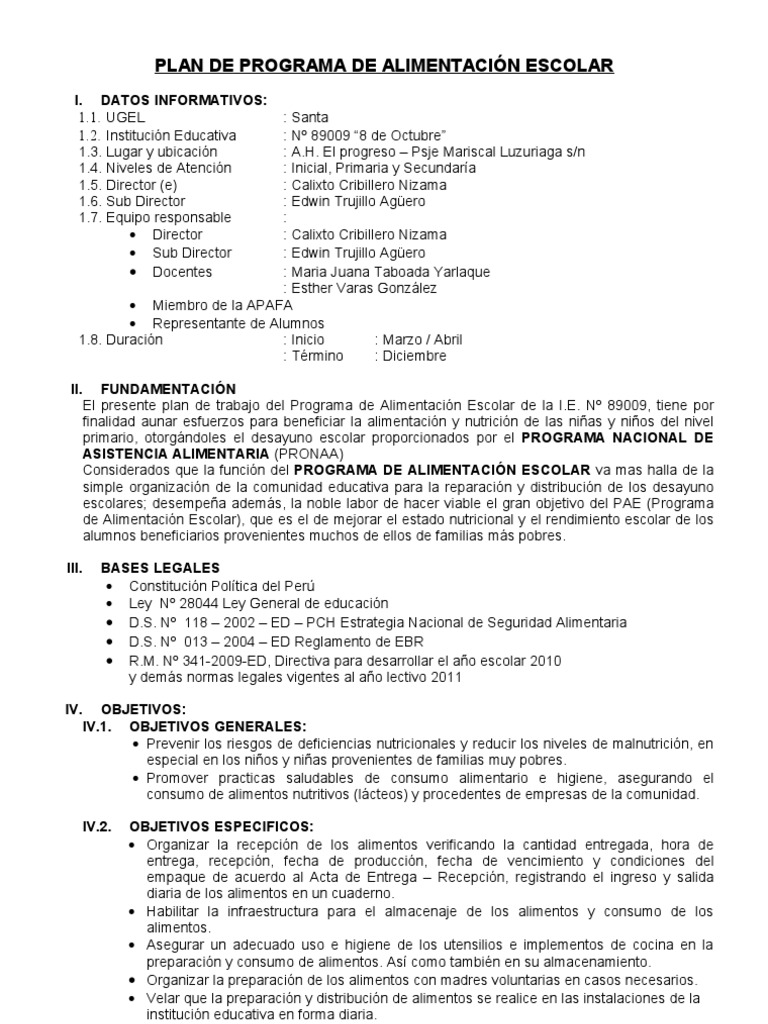 Plan de Programa de Alimentación Escolar | PDF | Alimentos | Comida y ...