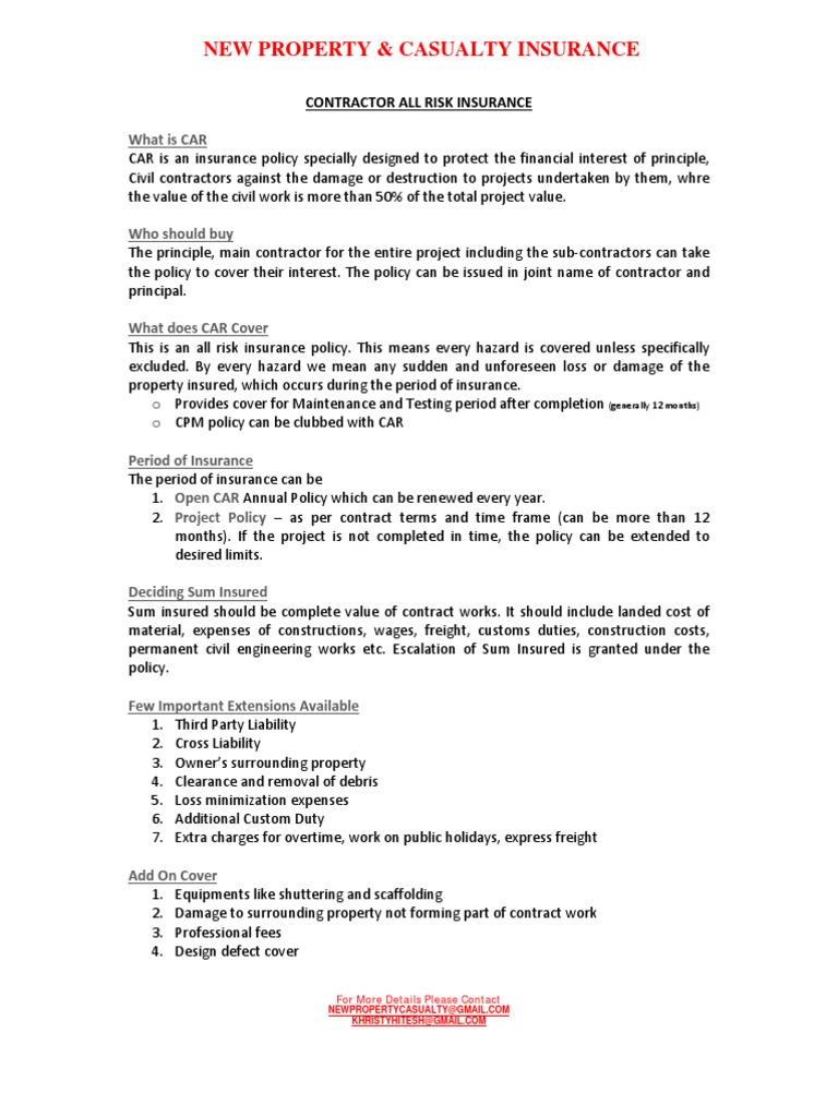 Contractor All Risk Insurance | PDF | Insurance Policy | Insurance