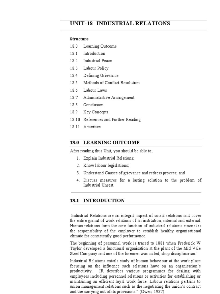 Unit-18 Industrial Relations: Structure | PDF | Human Factors And ...