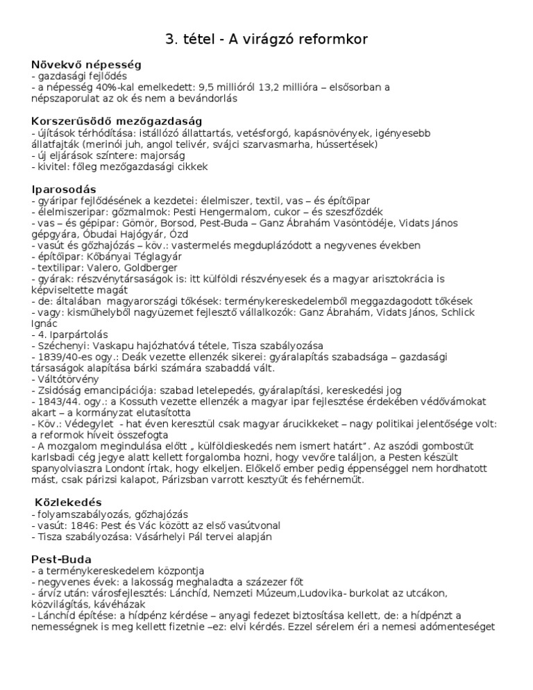 Tétel - A Virágzó Reformkor | PDF