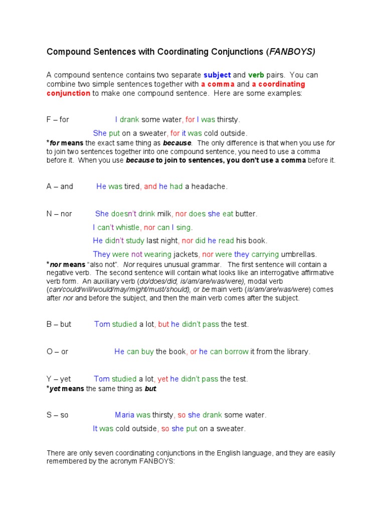 Compound Sentences With Coordinating Conjunctions PDF | PDF | The ...
