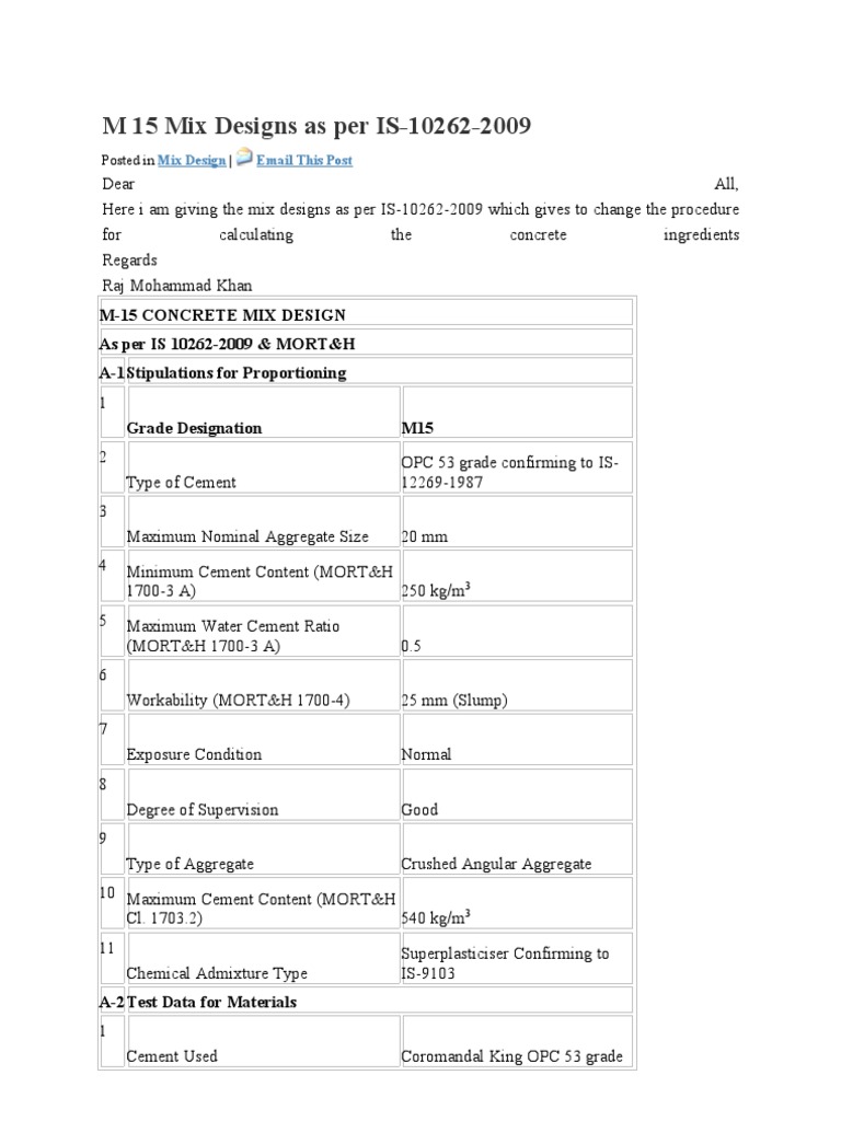 M 15 Mix Designs As Per IS-10262-2009 | PDF | Construction Aggregate | Sand