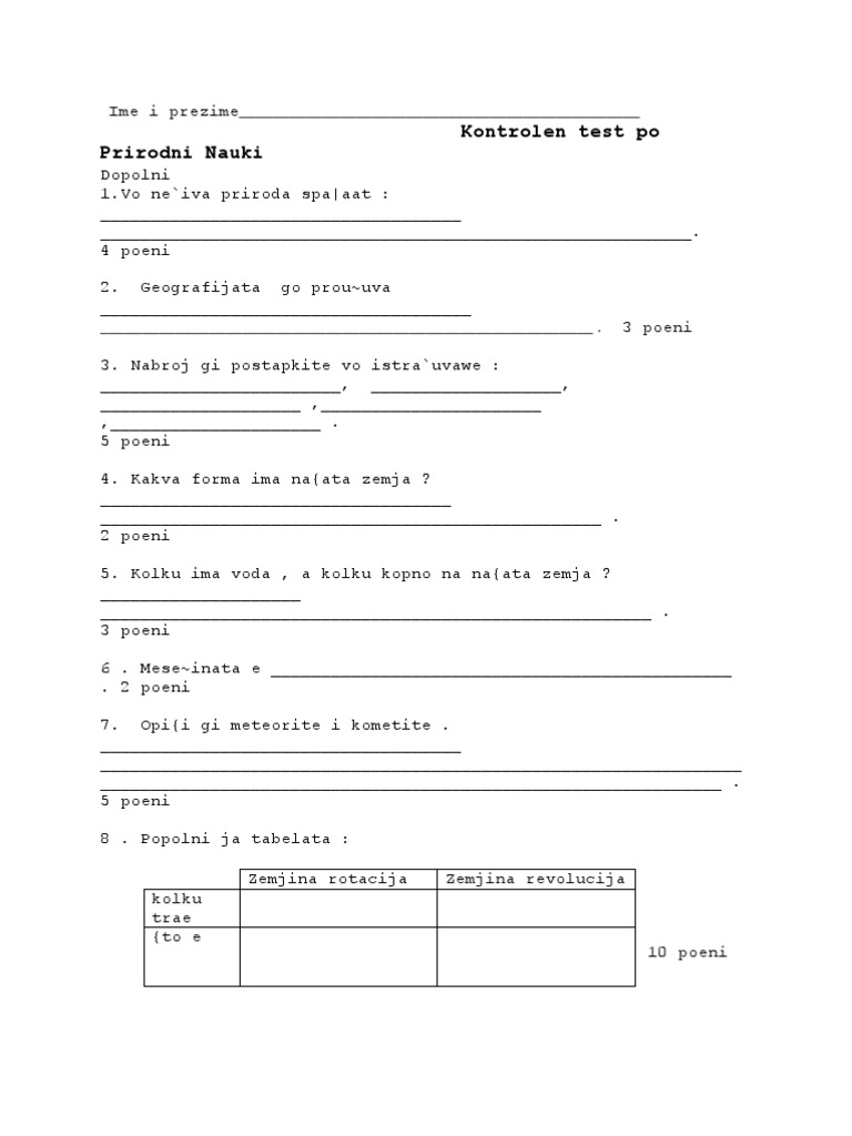 Test-Prirodni Nauki | PDF