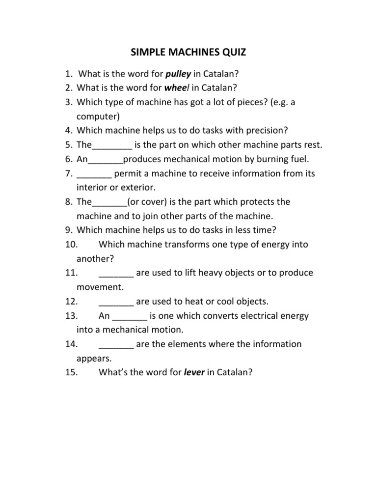 Simple Machines Quiz Questions | PDF