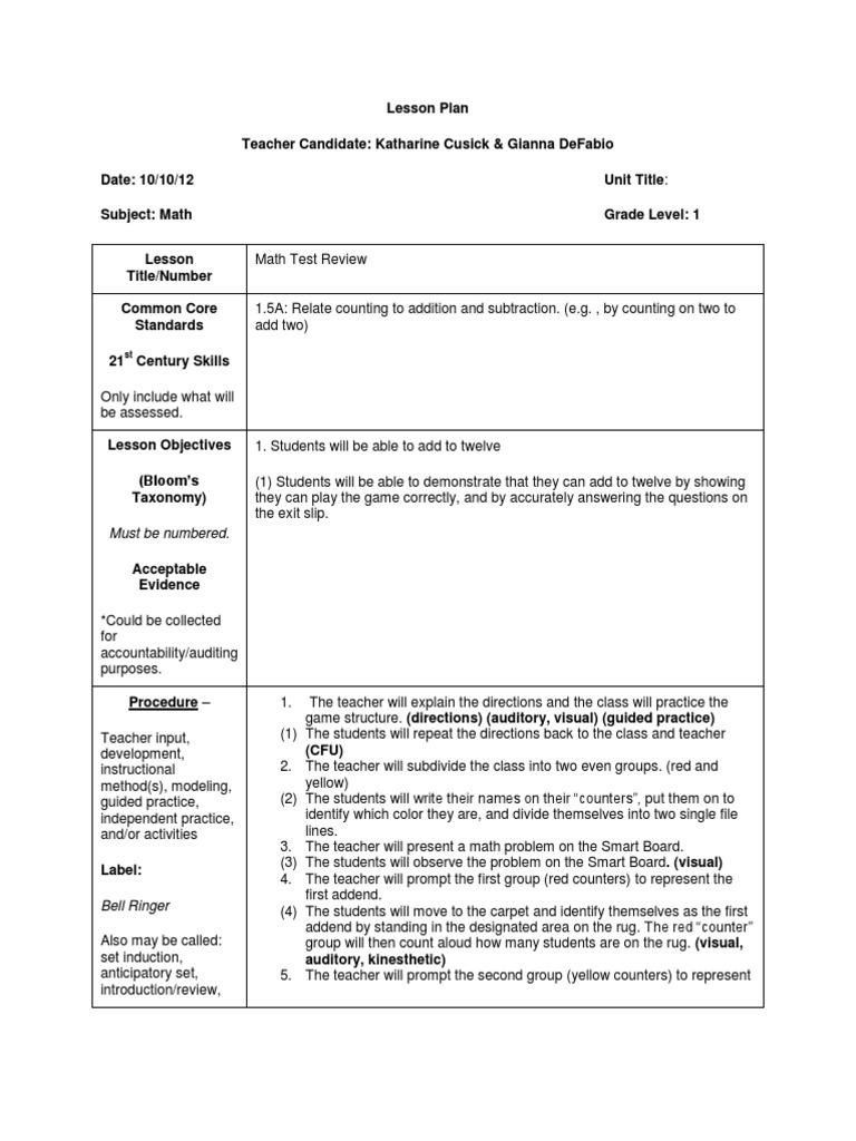 Math Lesson Plan 1st Grade | PDF | Lesson Plan | Educational Assessment