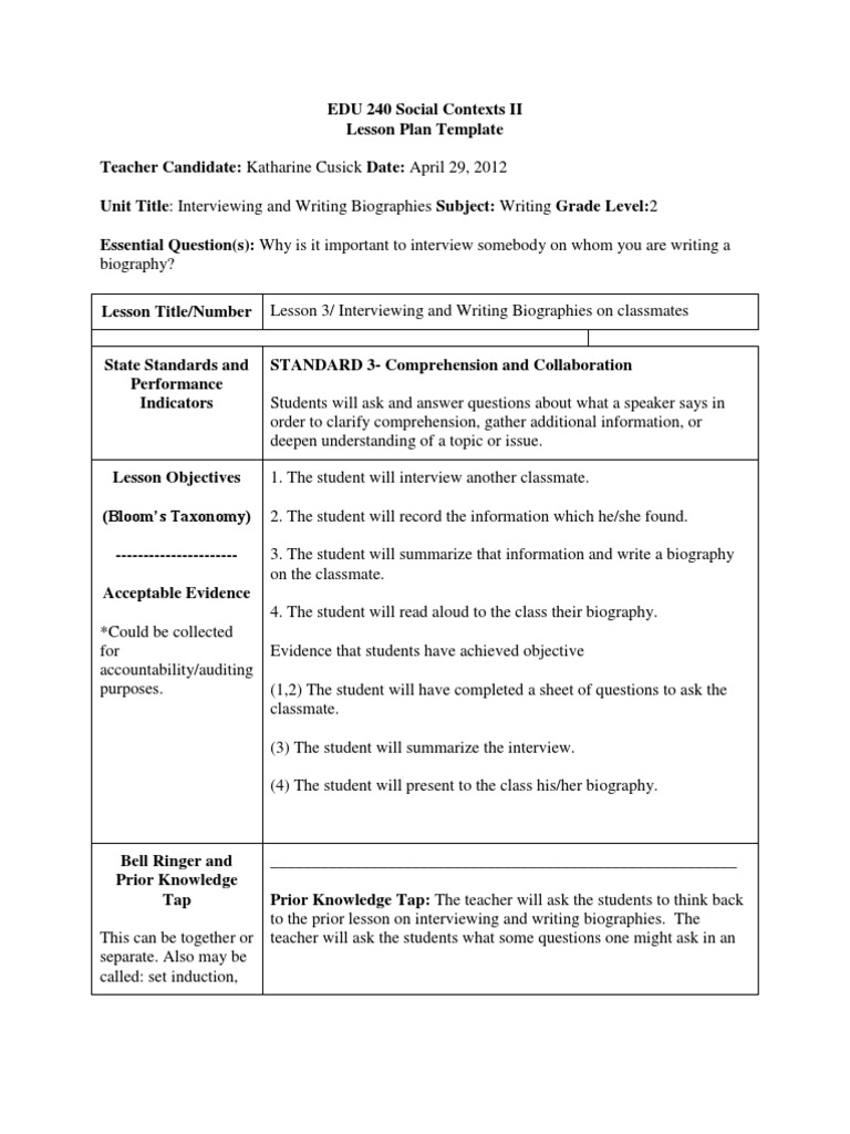 Lesson Plan Biography | PDF | Reading Comprehension | Lesson Plan