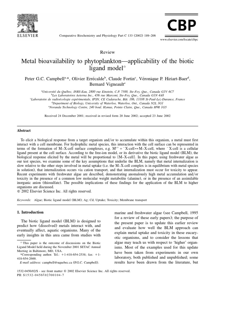 Metal Bioavailability To Phytoplankton-Applicability of The Biotic ...