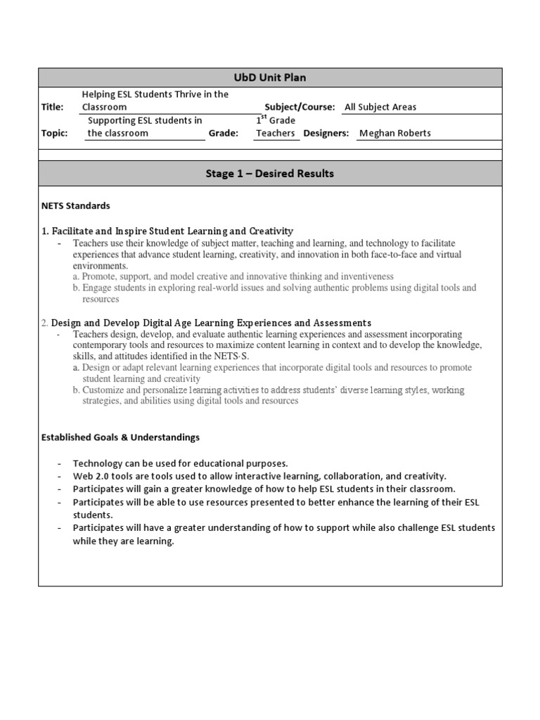Ubd Unit Plan: Title: Subject/Course: All Subject Areas Topic: Grade ...