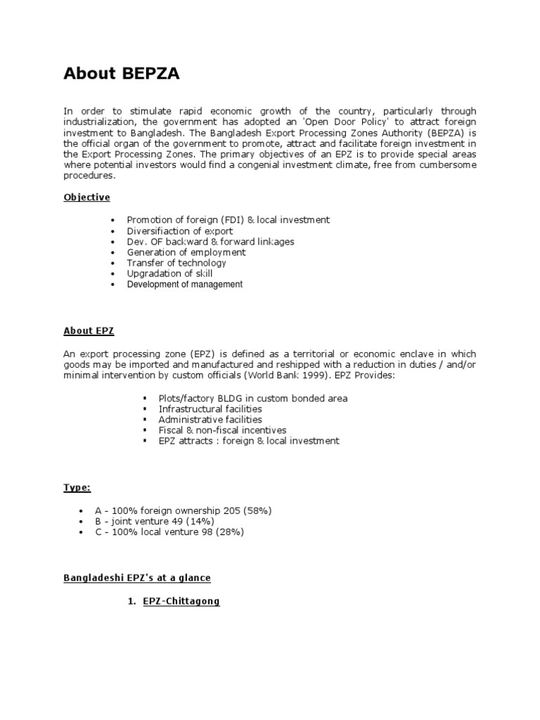 Assignment On BEPZA - The Bangladesh Export Processing Zones Authority ...