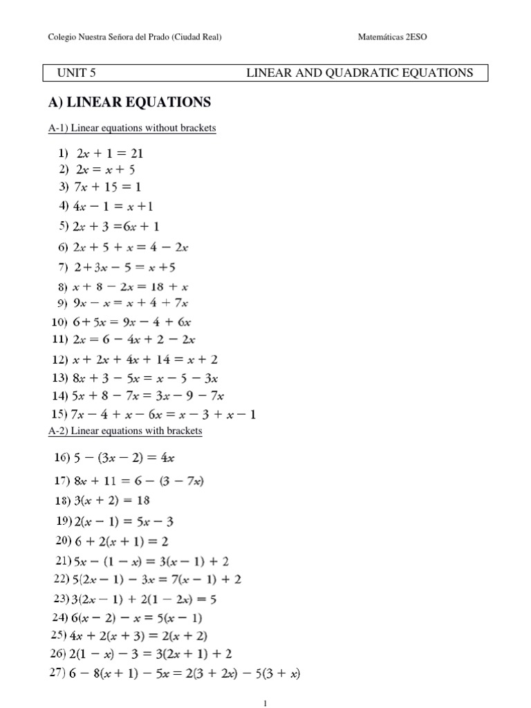 Unit 5 - Linear Equations Exercises and Word Problems | Download Free ...
