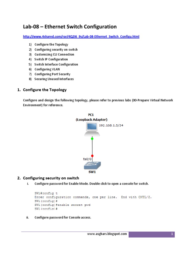 Lab-08 - Ethernet Switch Configuration | PDF | Network Switch | Ip Address