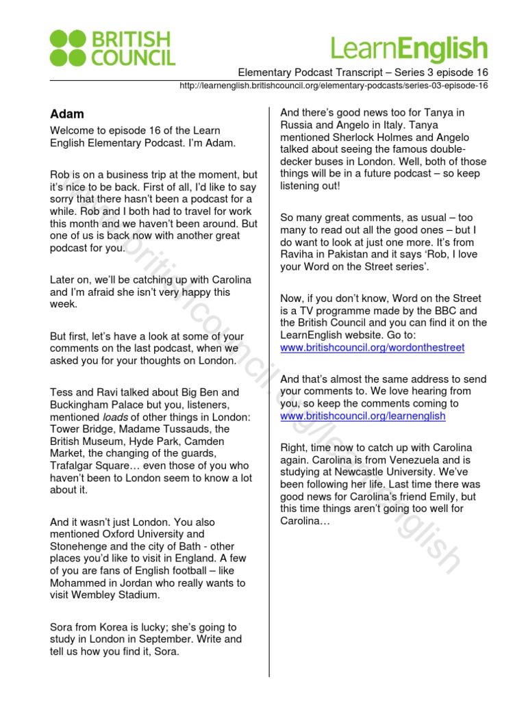 Learnenglish Podcasts Elementary 03 16 Transcript | PDF