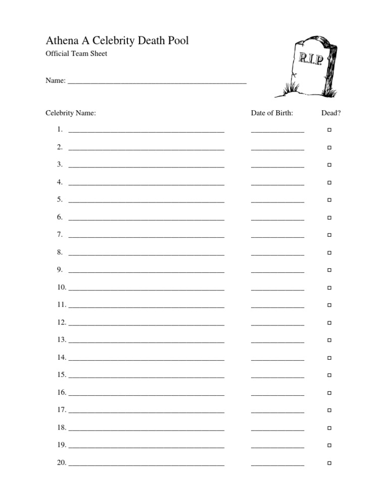 Celebrity Death Pool Team Sheet | PDF
