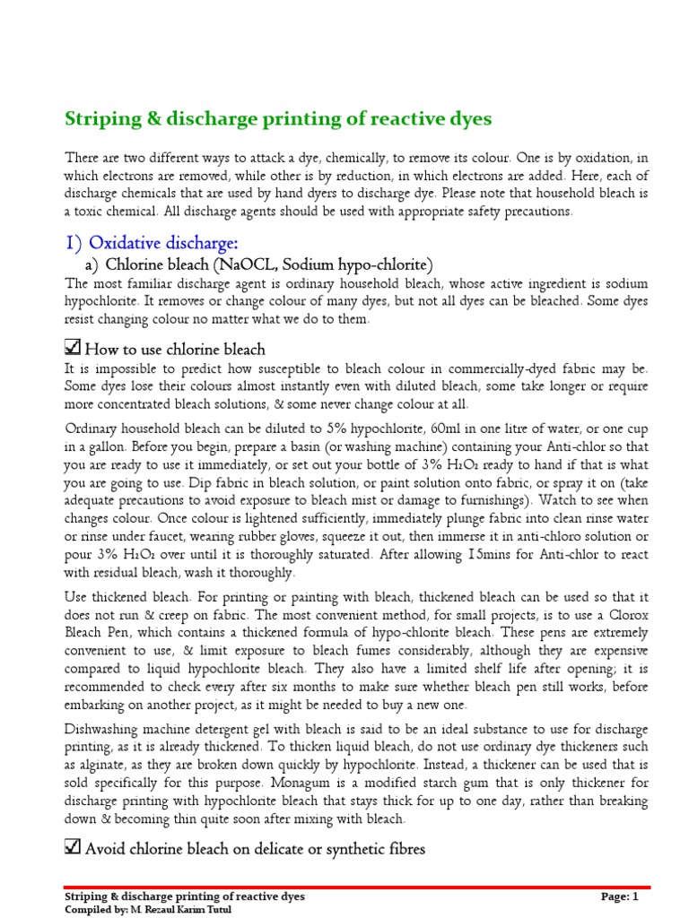 Striping & Discharge Printing of Reactive Dyes | PDF | Bleach | Atoms
