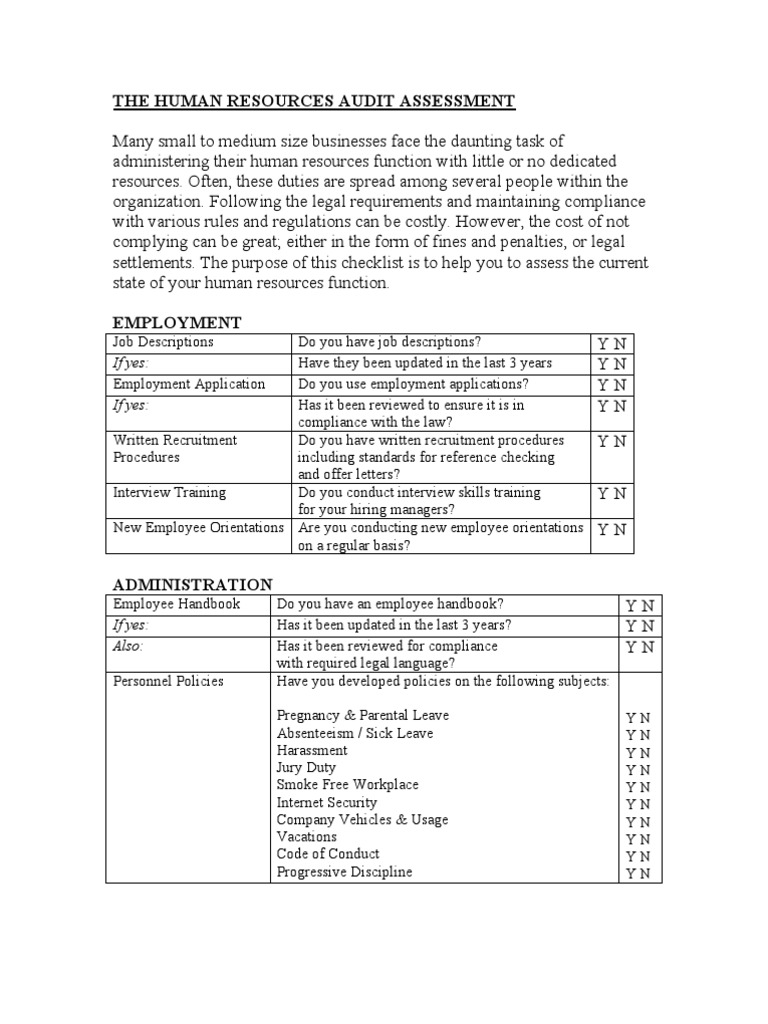 The Human Resources Audit Assessment: If Yes: If Yes | PDF
