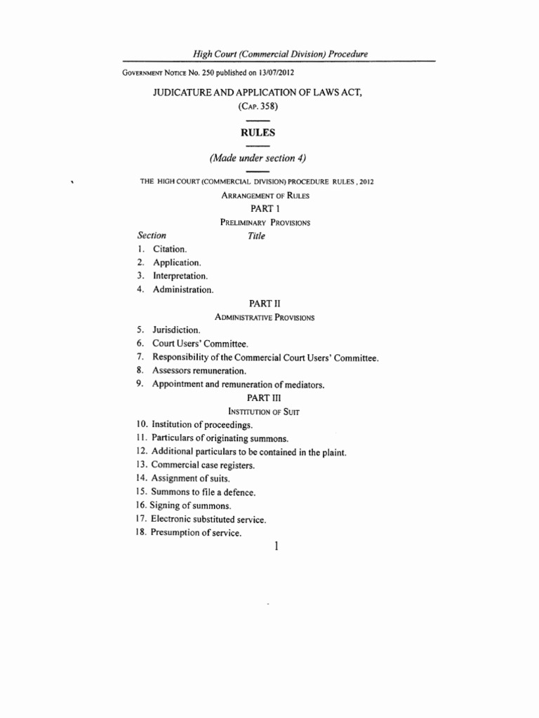 The High Court (Commercial Division) Procedure Rules, 2012 Gn. No. 250 ...