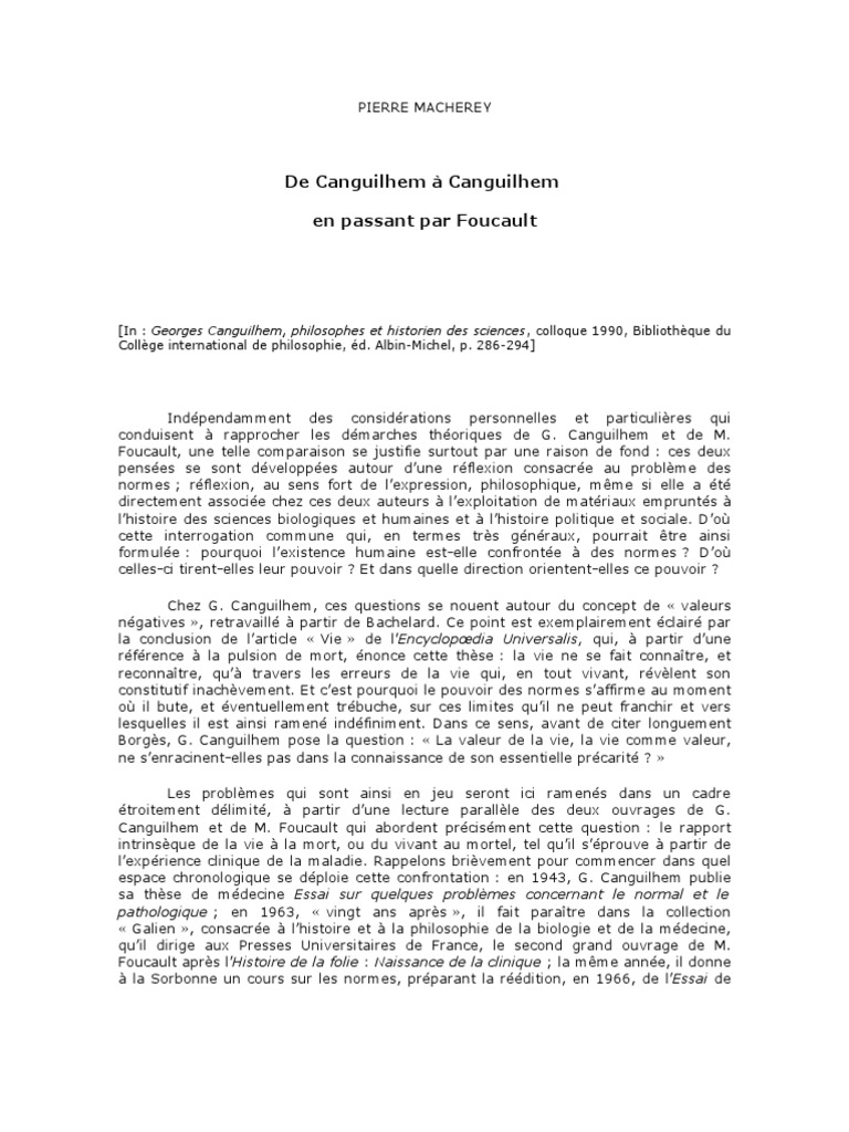 PIERRE MACHEREY - de Canguilhem À Canguilhem en Passant Par Foucault ...