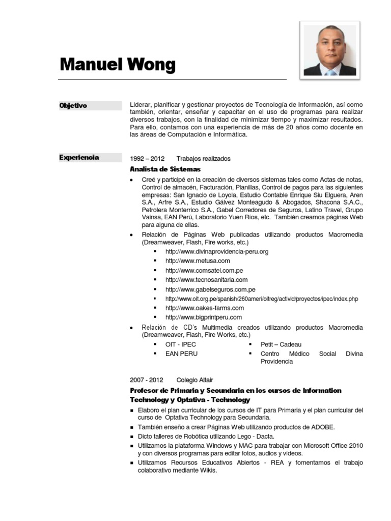 Curriculum Manuel Wong - 2012 | PDF | Microsoft | Microsoft Excel