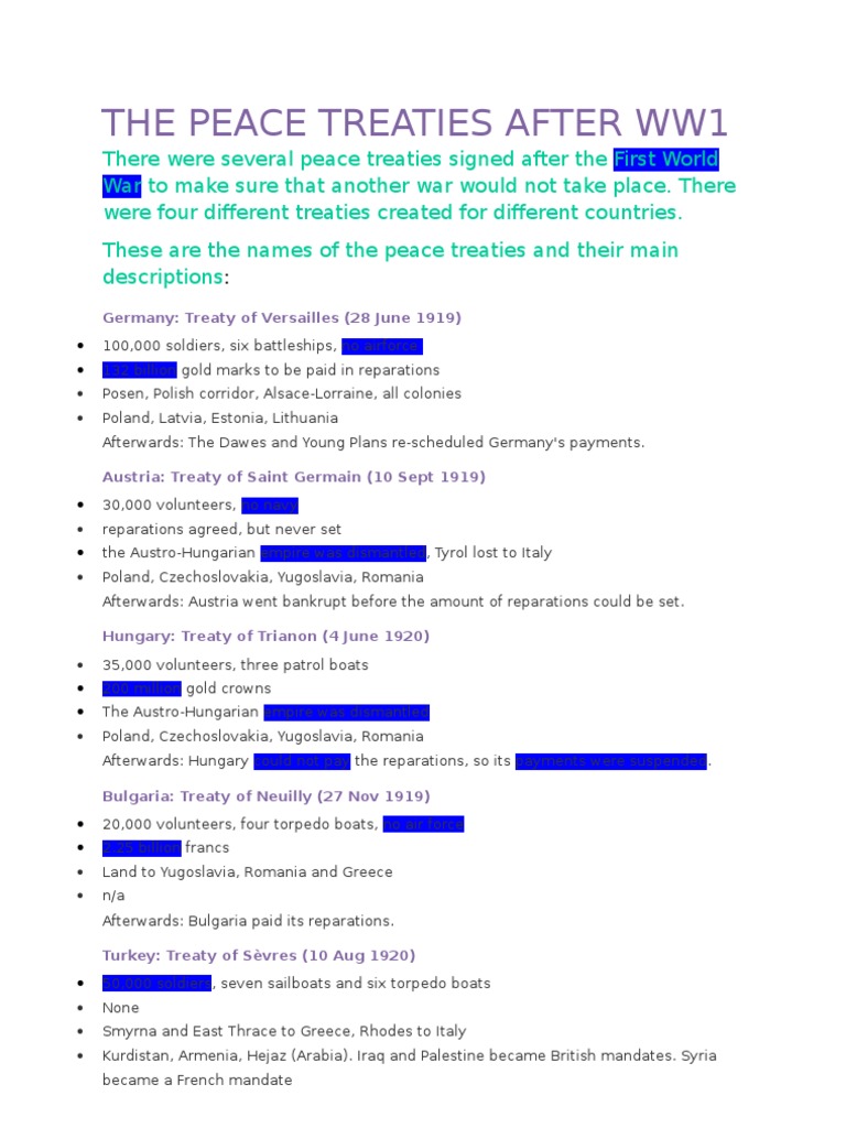 The Peace Treaties After Ww1 - Gabriella Kaunde | PDF | World War I ...