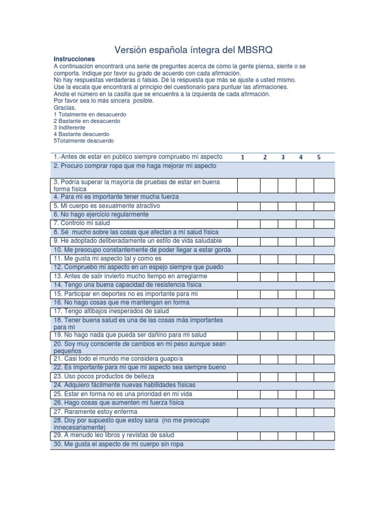 MBSRQ Version Cuadernillo | PDF | Obesidad | Ejercicio físico