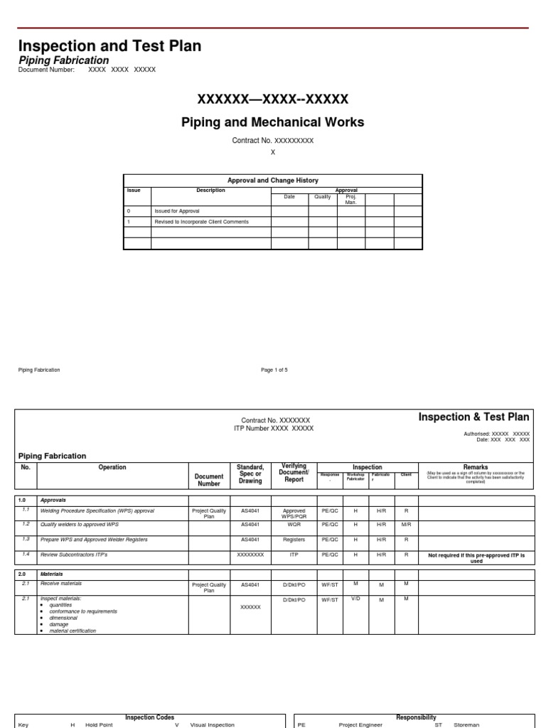 Inspection Test Plan - Piping Fabrication | PDF | Welding | Construction
