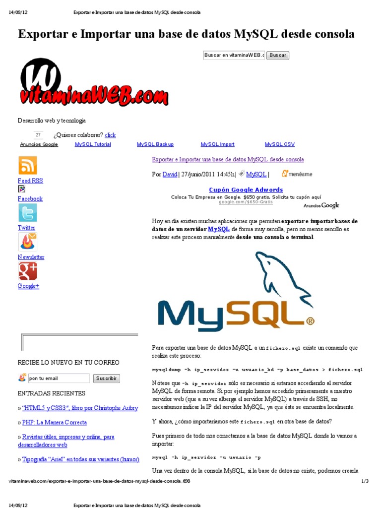Exportar e Importar Una Base de Datos MySQL Desde Consola | PDF | Mi ...