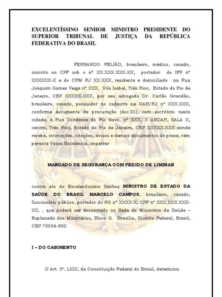 MODELO DE MANDADO DE SEGURANÇA