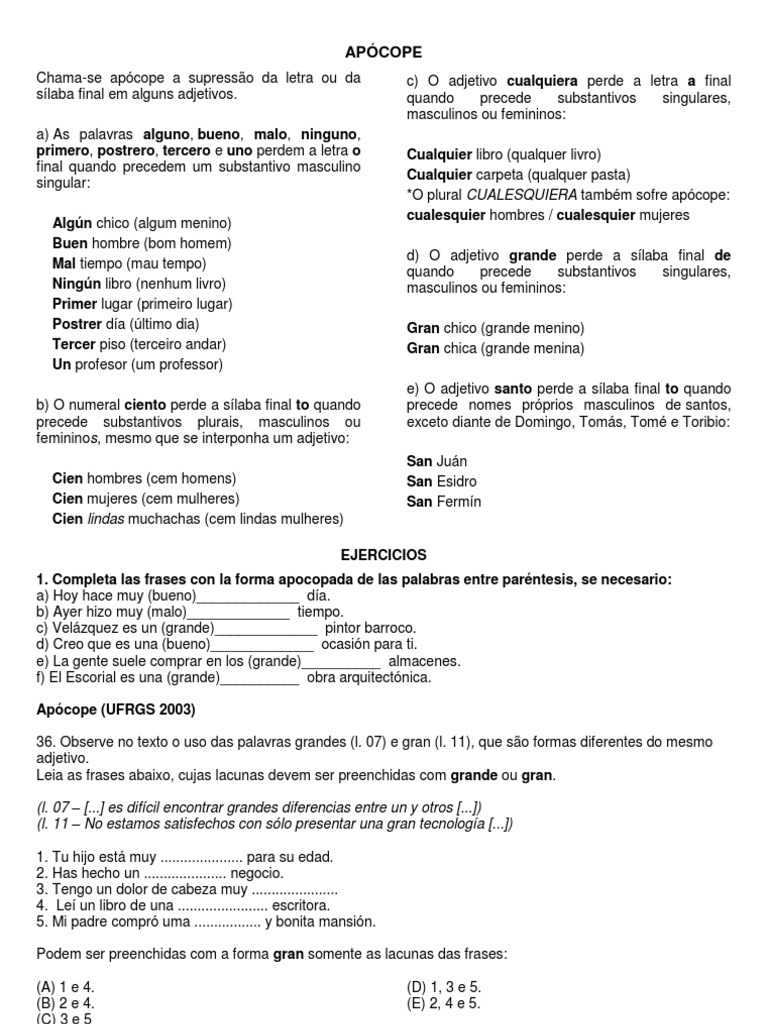 Ejercicios de Apócope en Español | PDF | Estudios de idiomas extranjeros