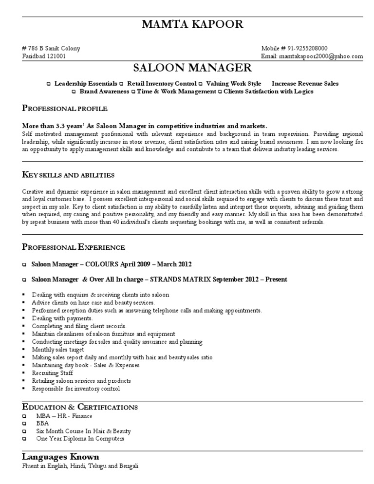 Salon Manager Job Description & Skills | PDF