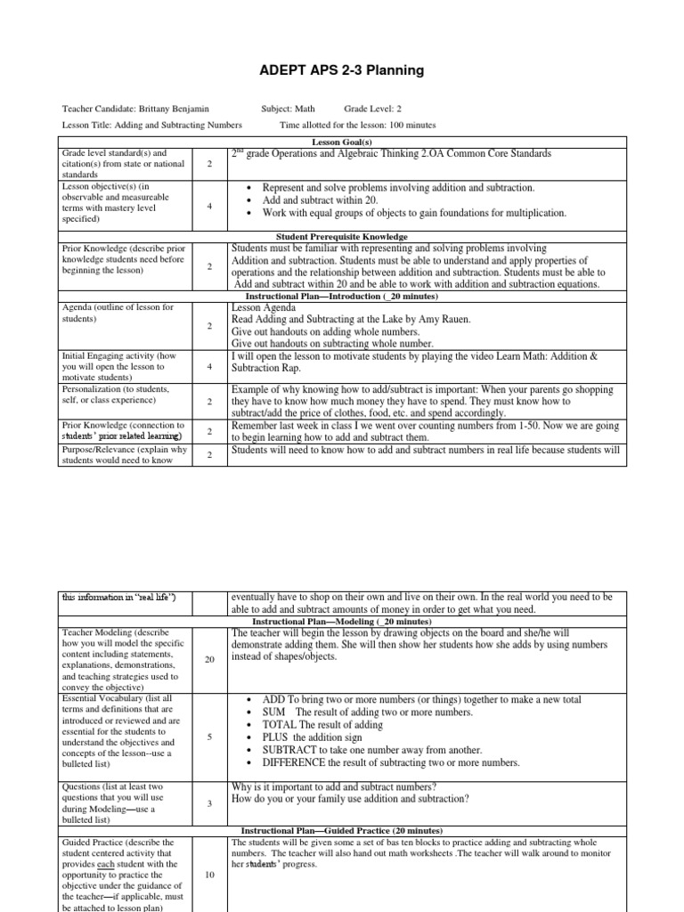 ADEPT APS 2-3 Planning: Lesson Goal(s) | PDF | Learning Styles ...