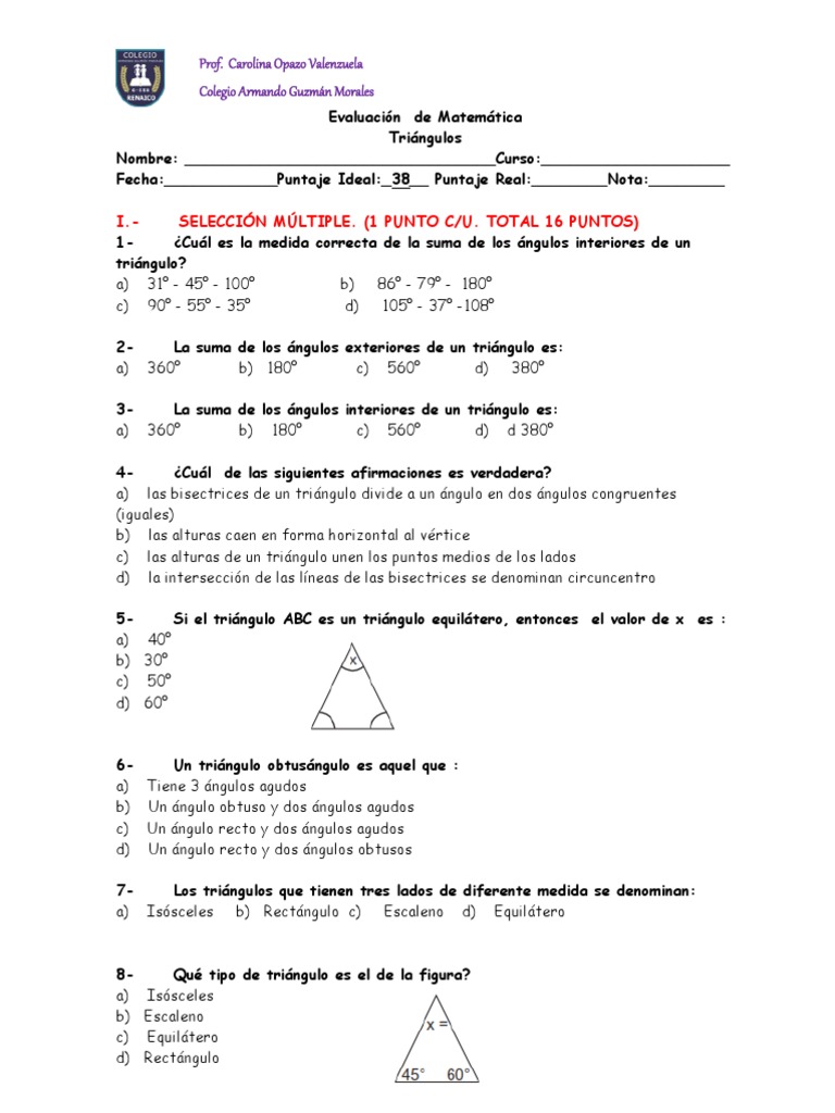 Evaluación de Matemática Triángulos | PDF | Triángulo | Geometría del plano euclidiano