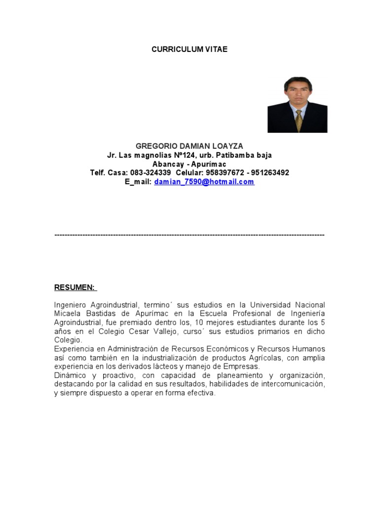 Curriculum Vitae de Gregorio Damian Loayza Jr., Ingeniero Agroindustrial | PDF | Agronegocios ...