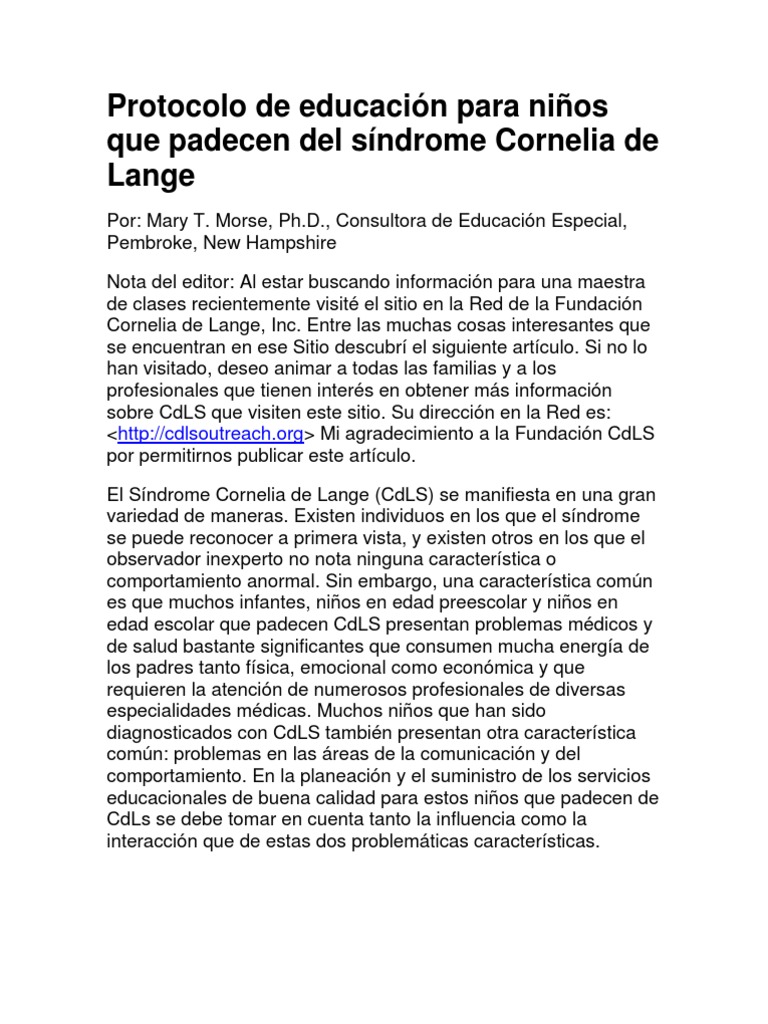Protocolo de Educación para Niños Que Padecen Del Síndrome Cornelia de Lange | PDF | Conceptos ...