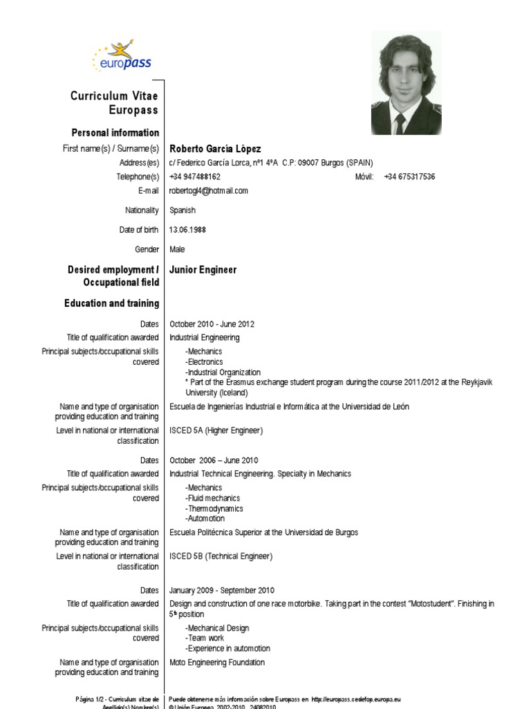 CV Europass English Picture | PDF | Engineering | Science And Technology