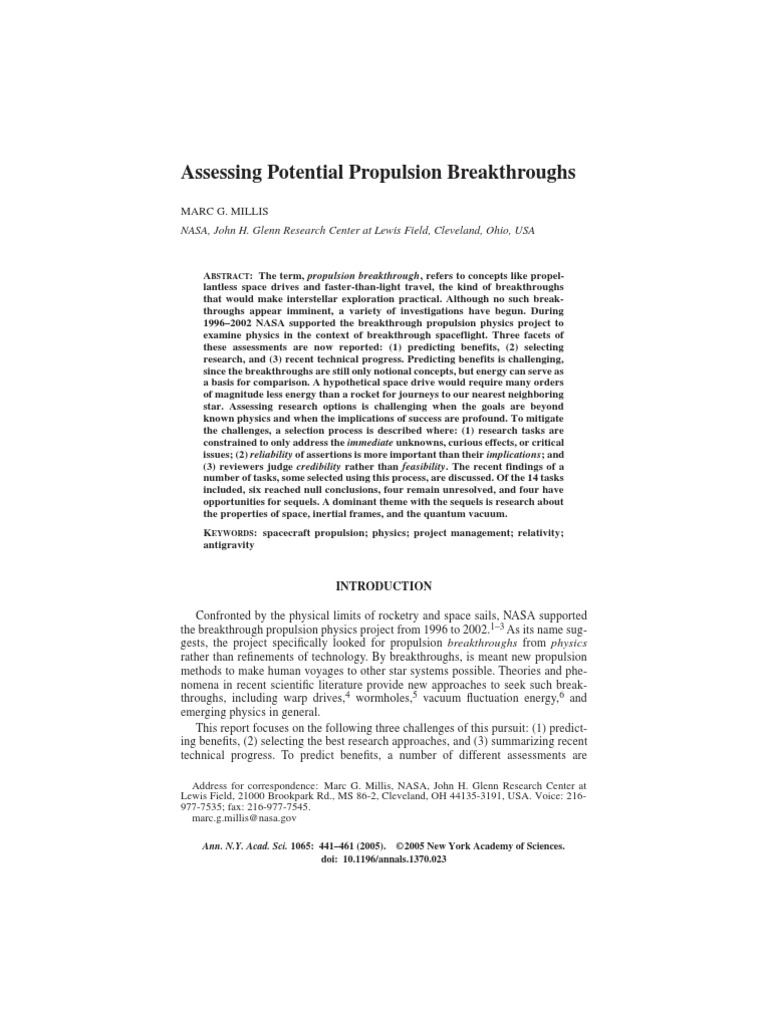 Assessing Potential Propulsion Breakthroughs: Marc G. Millis | PDF ... Assessing Potential Propulsion Breakthroughs: Marc G. Millis | PDF ...