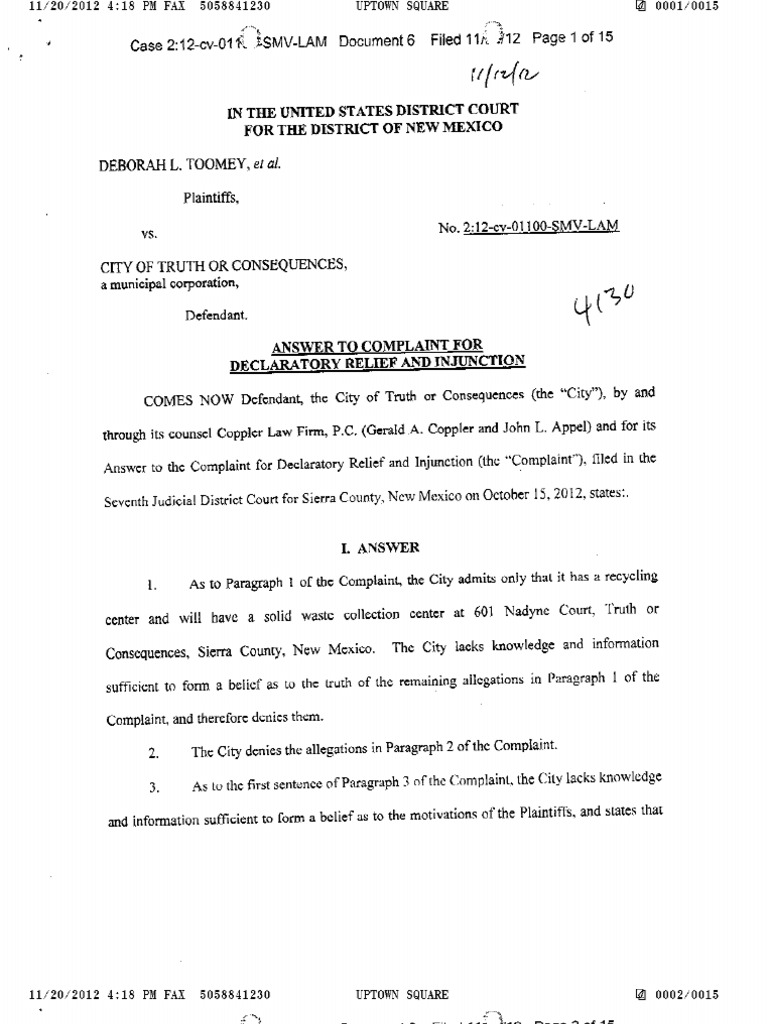 Answer To Complaint For Declaratory Relief and Injunction | PDF