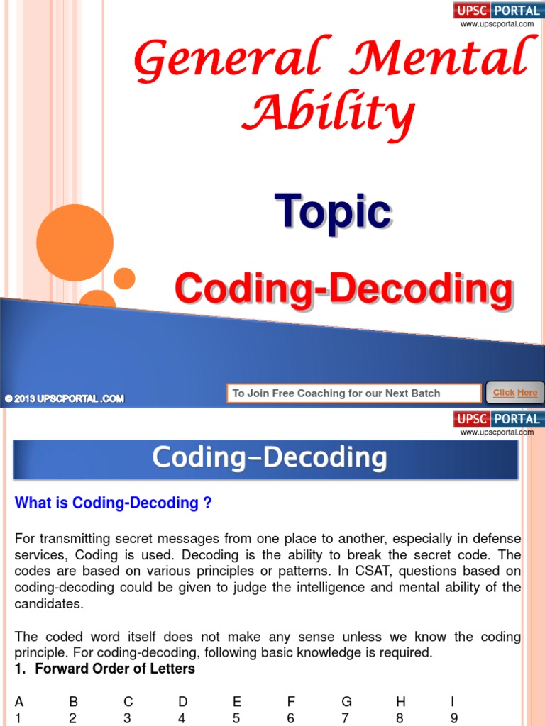 General Mental Ability Coding Decoding Pdf Communication Cognitive Science