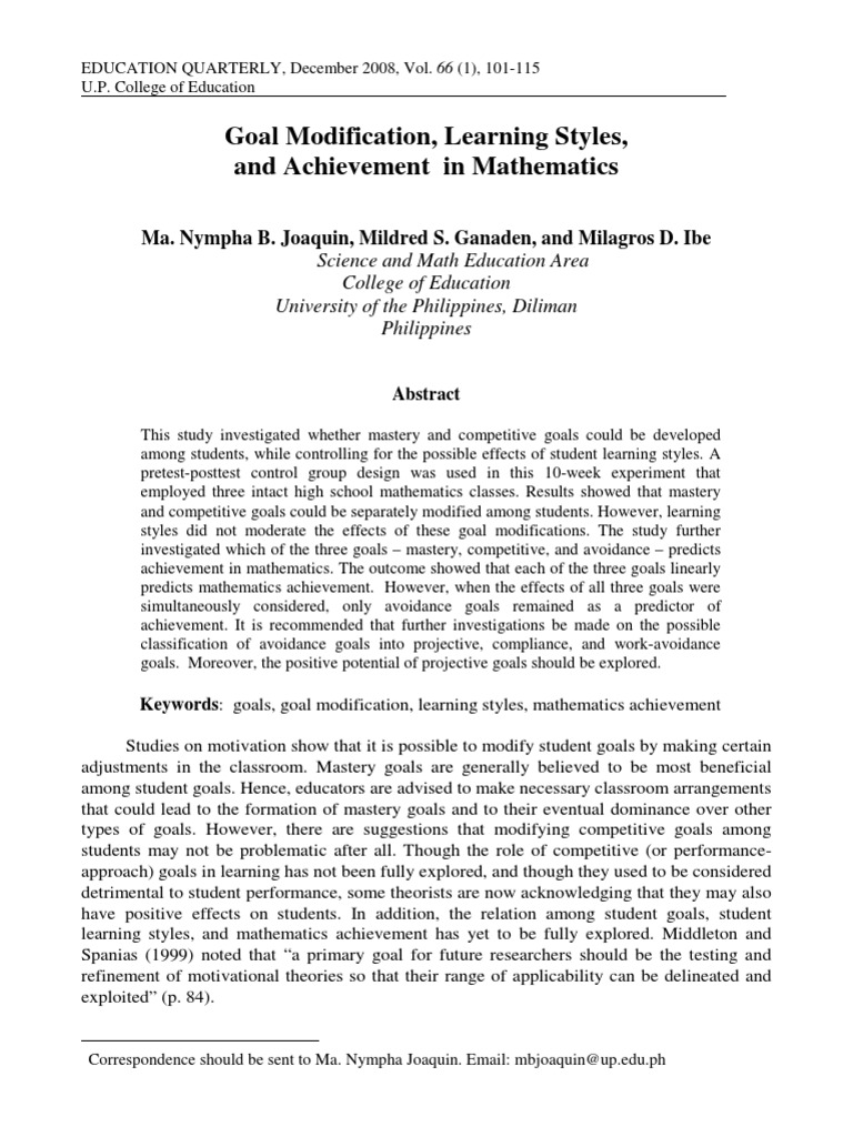 Goal Modification, Learning Styles, and Achievement in Mathematics ...