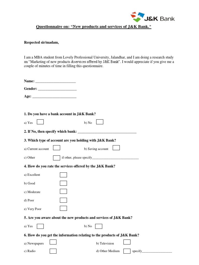 Questionnaire On: "New Products and Services of J&K Bank." | PDF ...