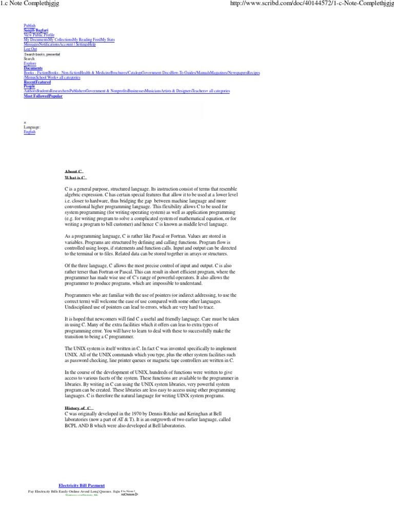 1.c Note Complethjgjg | PDF | C (Programming Language) | Control Flow