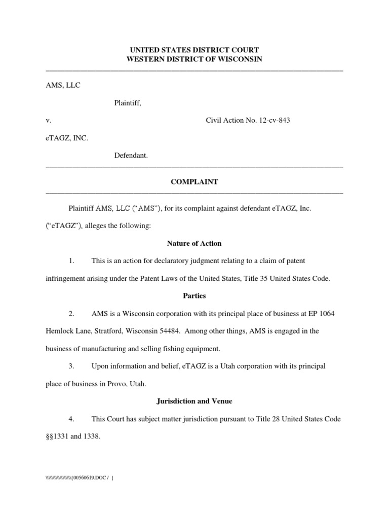 Ams v. eTAGZ | PDF | Declaratory Judgment | Patent Infringement