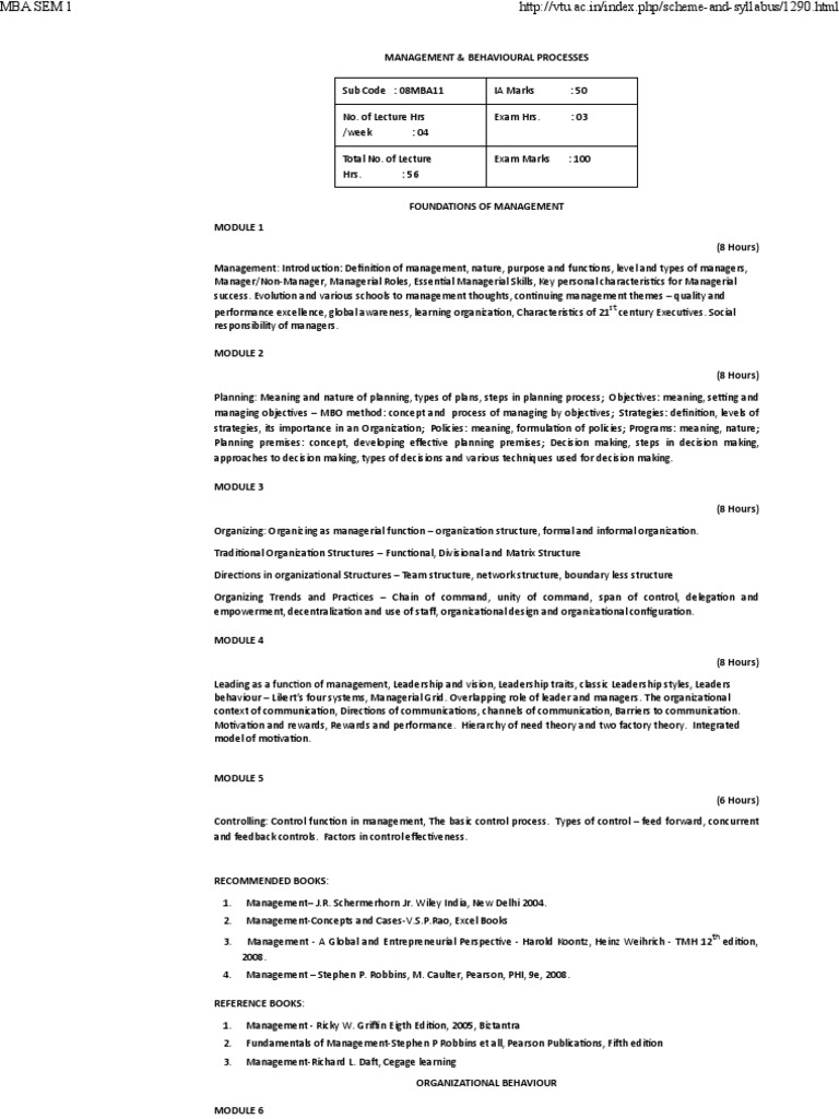 Master of Business Administration (MBA) First Semester Course Scheme ...