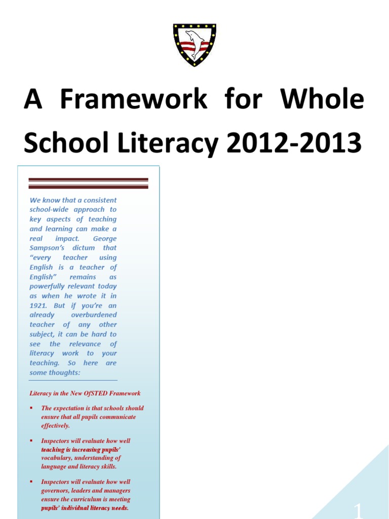 Framework For Whole School Literacy | PDF | Literacy | Reading (Process)