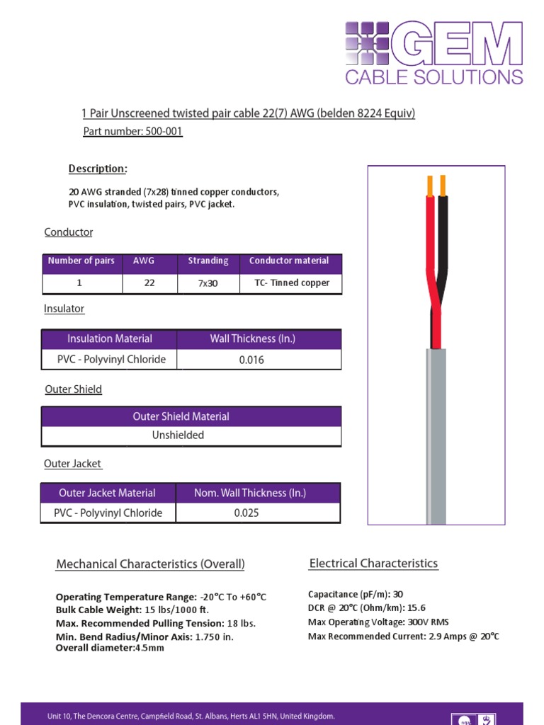 22 AWG Twisted Pair Cable Specifications | PDF | Science & Mathematics ...