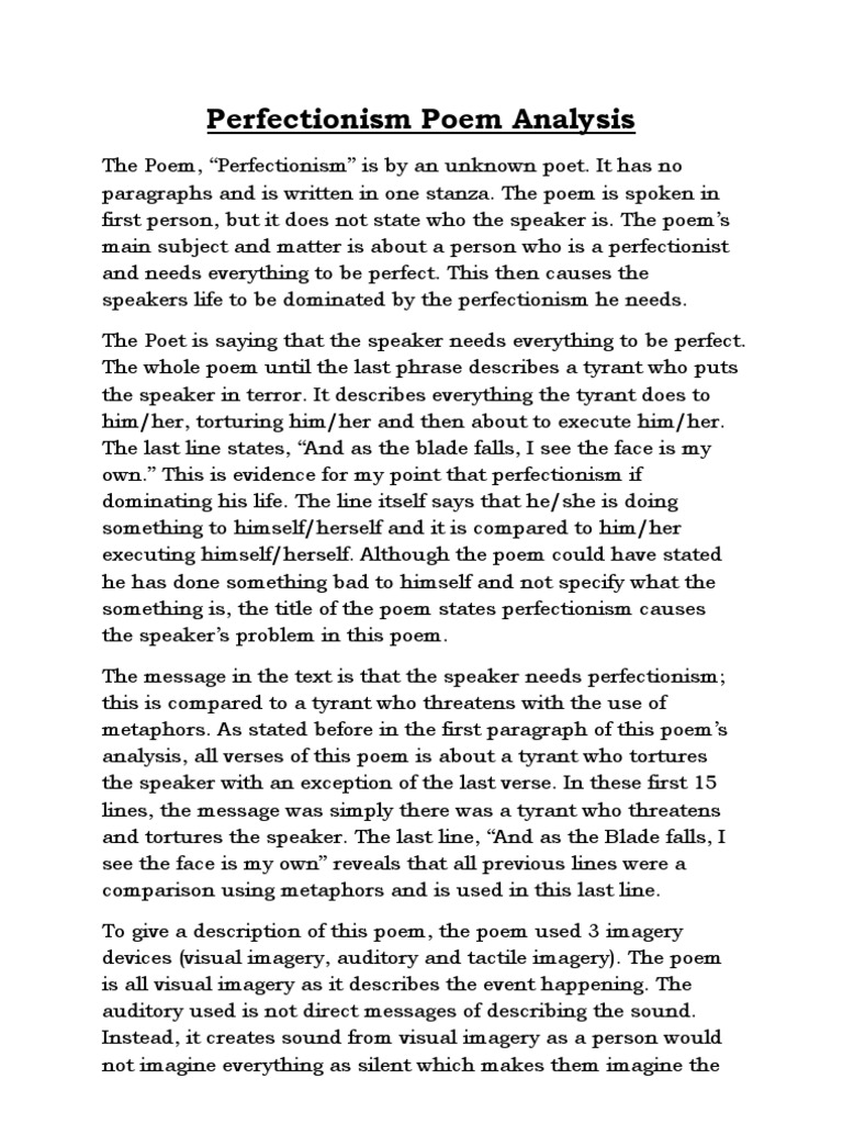 Perfectionism Poem Analysis | PDF | Perfectionism (Psychology) | Poetry