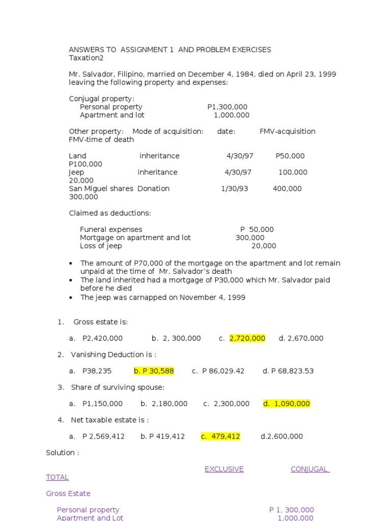 Answers To Assignment 1 and Problem Exercises Taxation2 | PDF | Estate ...